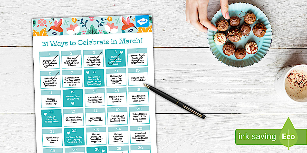 31 Ways to Celebrate March | Calendar - Twinkl