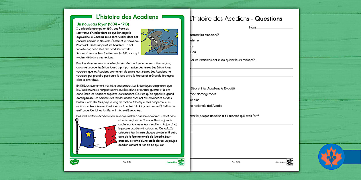 The Acadians' History Reading Comprehension Primary French