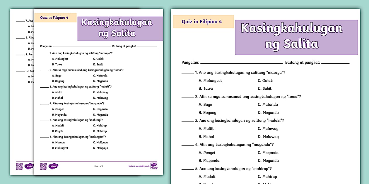 Grade 4 Filipino Quiz - Kasingkahulugan ng salita - Twinkl