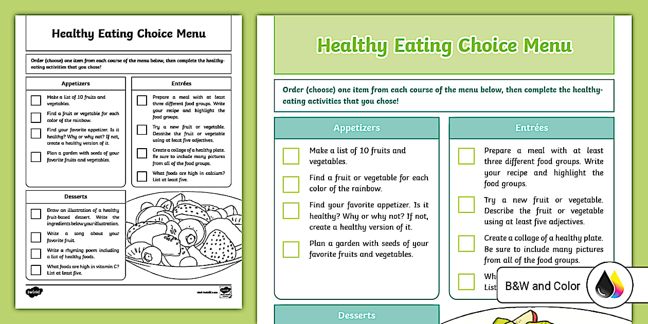 Healthy Eating Choice Menu for 3rd-5th Grade