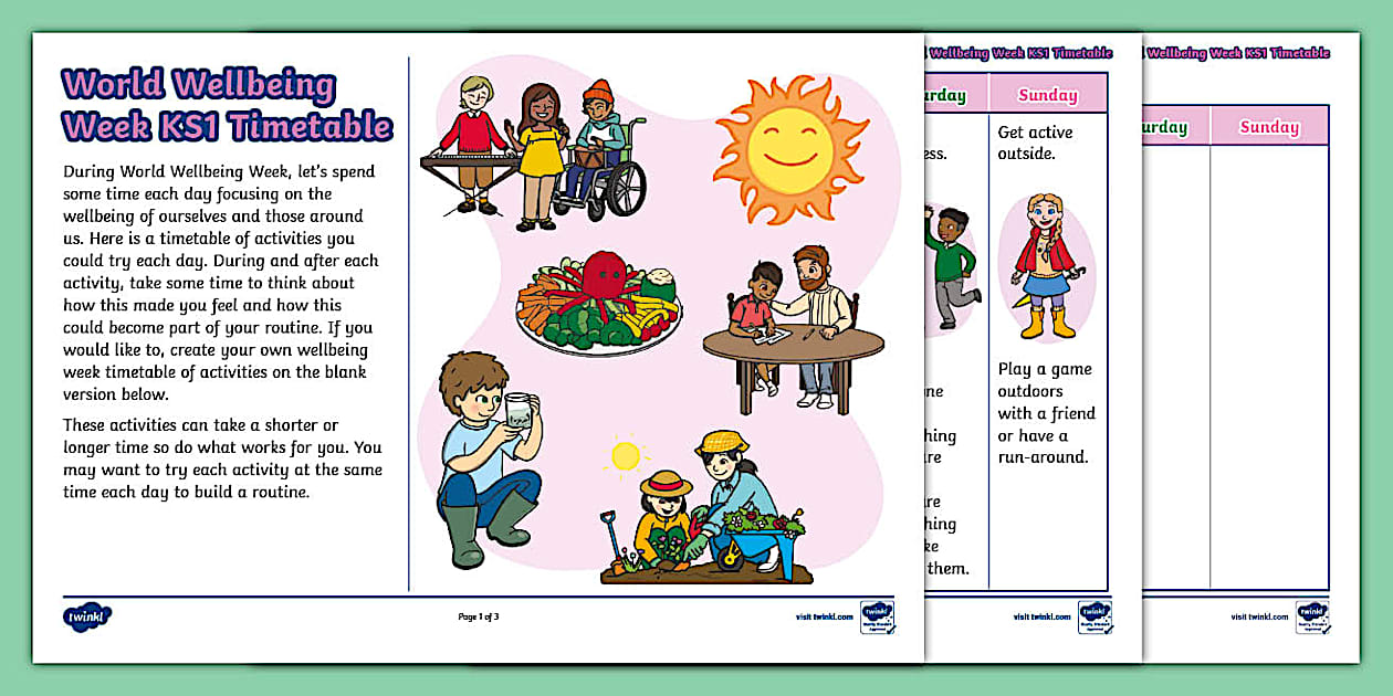 World Wellbeing Week KS1 Activity Timetable - Twinkl