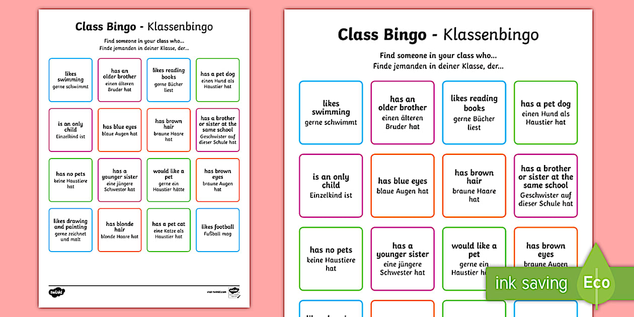Class Bingo - English / German - Class Welcome Transition Bingo Board