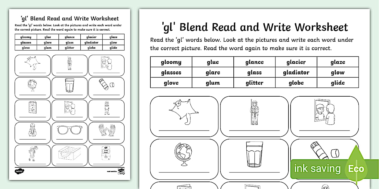 ‘gl’ Blend Read and Write Worksheet (teacher made)