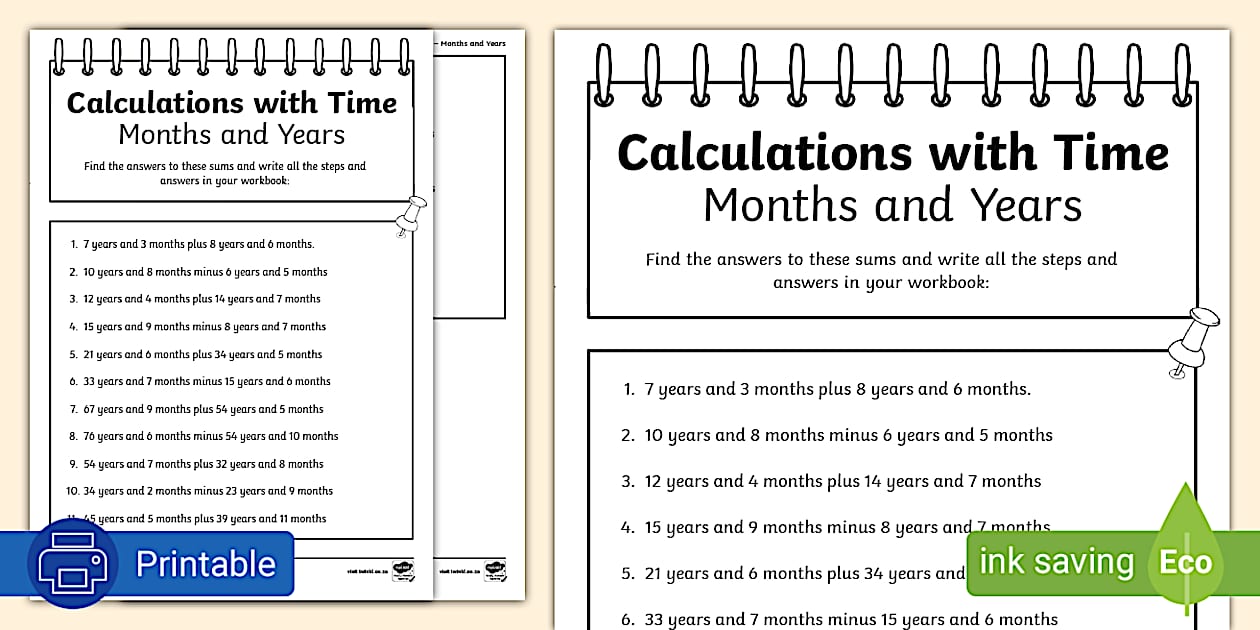 Calculations with Time – Months and Years Activity Sheet