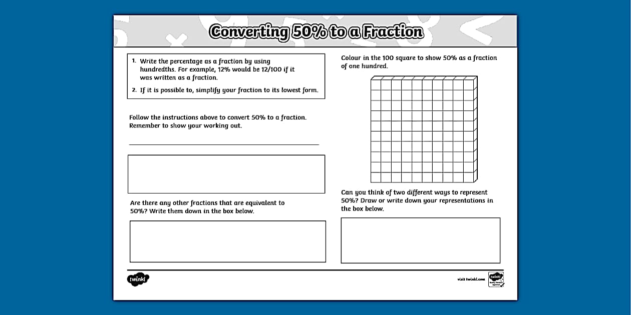 👉 50 Percent as a Fraction Activity Sheet (teacher made)