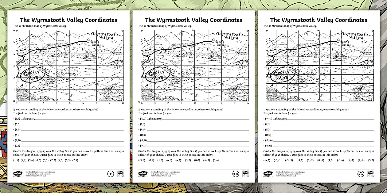 KS2 Coordinates Differentiated Worksheet (KS2 Fantasy Story 'The Wyrmstooth