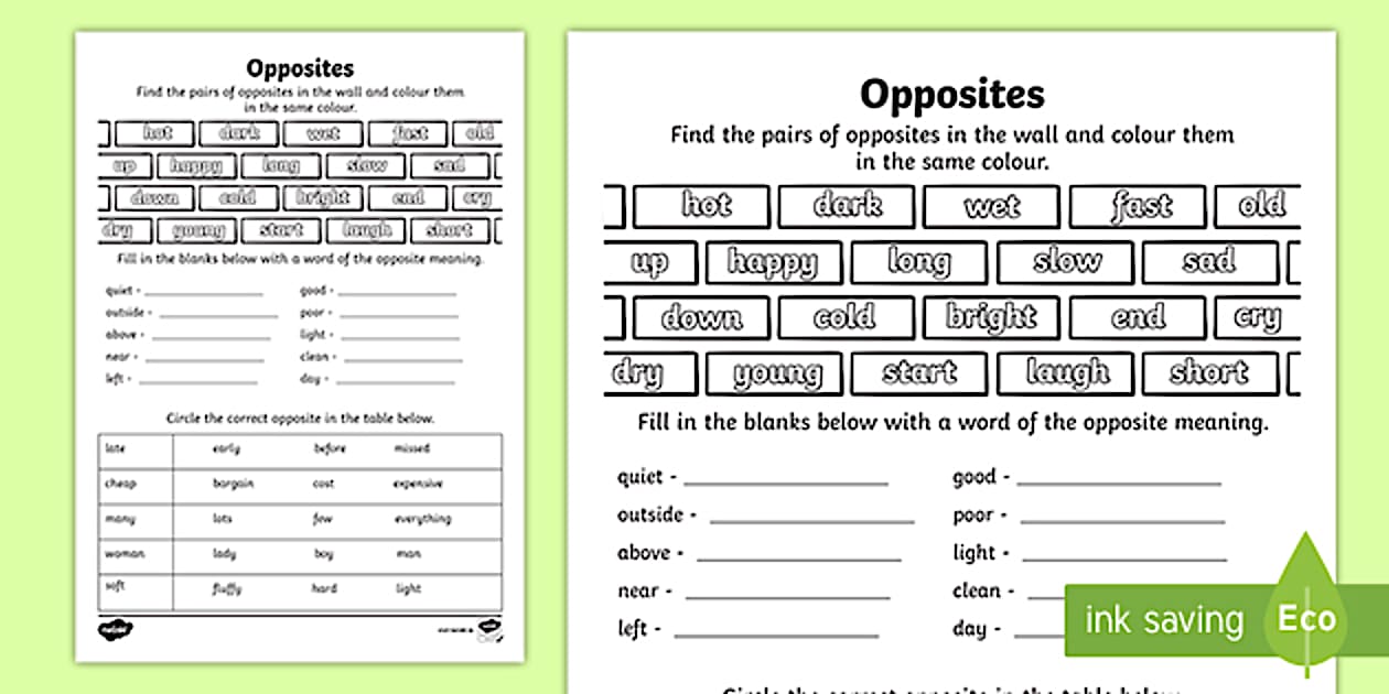 Editable Matching Opposites Worksheet - Twinkl