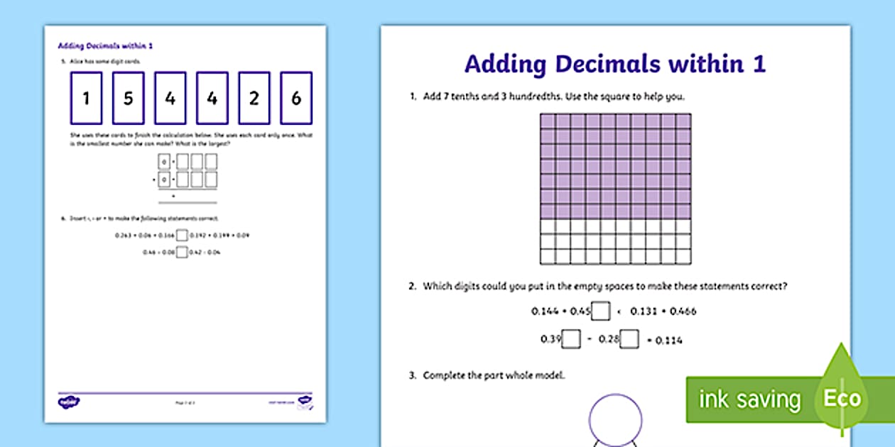 👉 Adding Decimals within 1 Worksheet (teacher made)