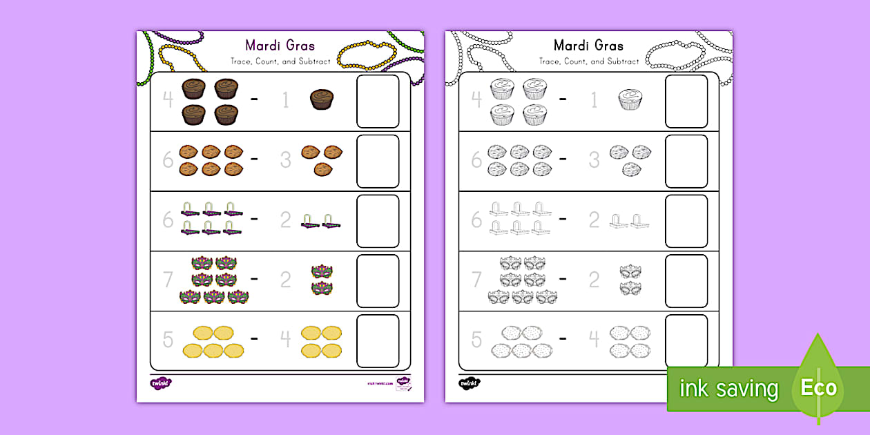 Mardi Gras Trace, Count, and Subtract Worksheet - Twinkl