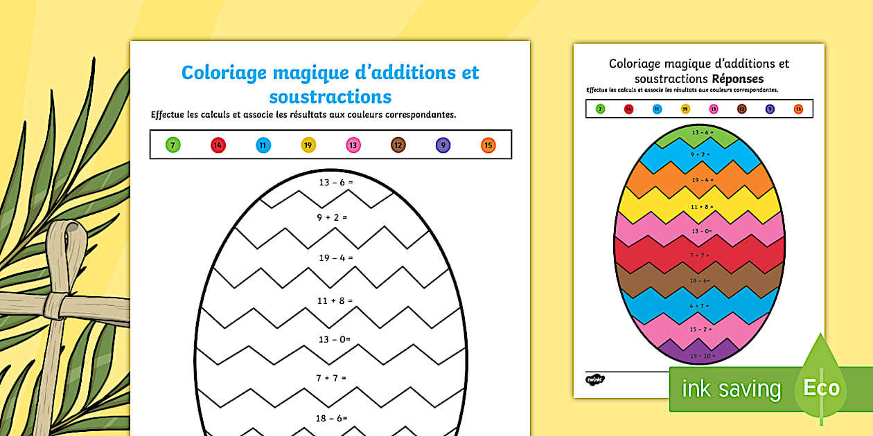Coloriage magique d'additions et soustractions sur le thème de Pâques