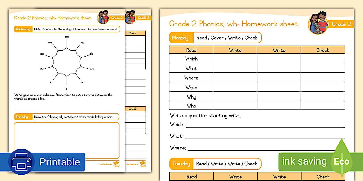 Grade 2 Phonics: wh- Homework Sheet (teacher made) - Twinkl