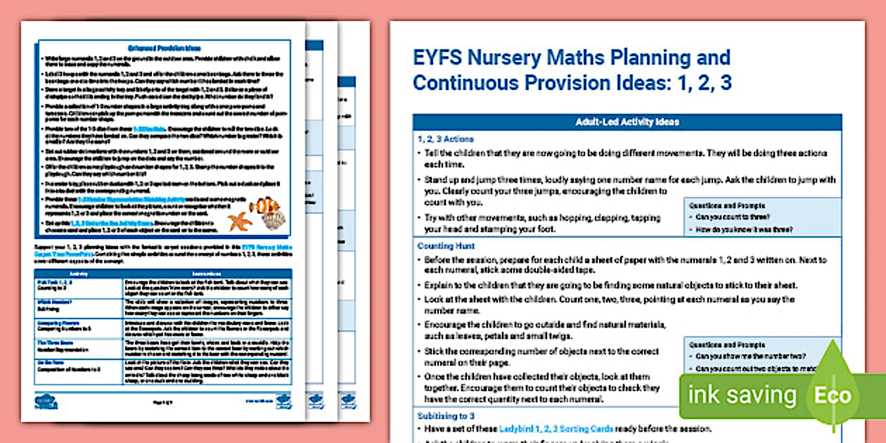 EYFS Nursery Maths Planning and Continuous Provision Ideas: 1,2 and 3