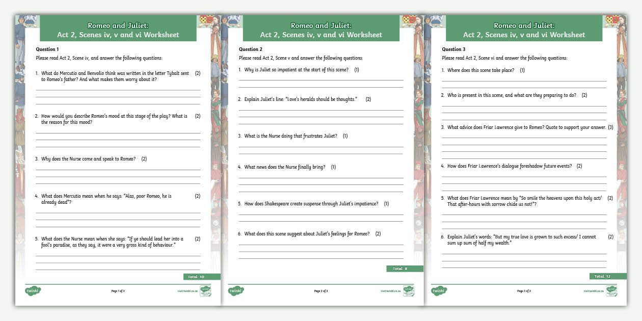 Romeo and Juliet: Act 2, Scene iv, v and vi Worksheet