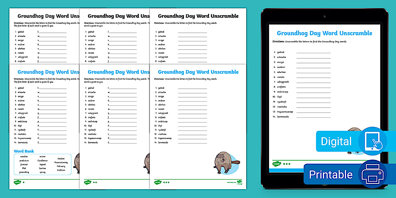 Groundhog Day Differentiated Word Unscramble 6th-8th Grade
