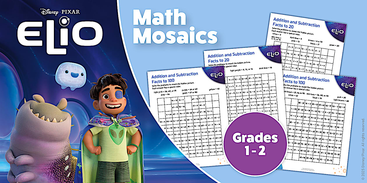 Elio: Addition and Subtraction to 100 Math Mosaic Worksheets