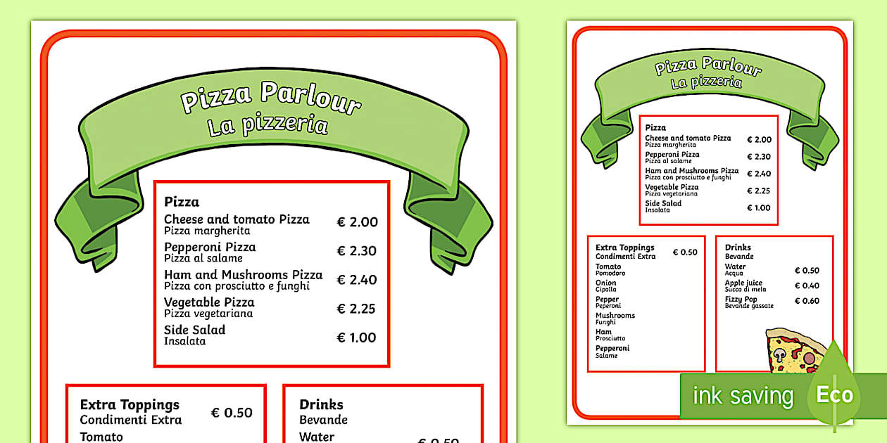 Pizza Parlour Role Play Menu English/Italian (teacher made)