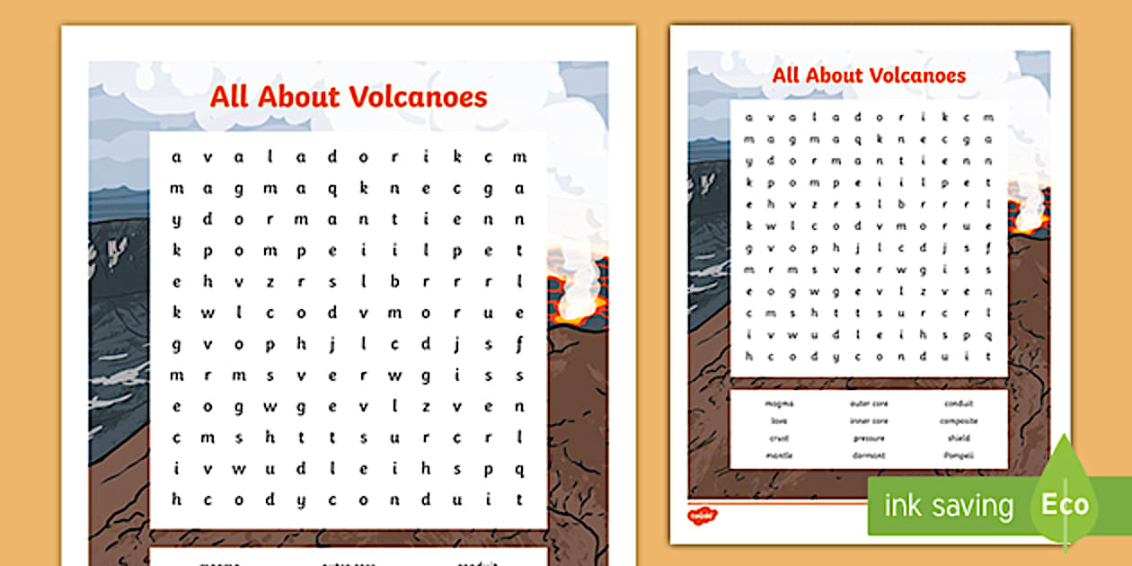 All About Volcanoes Word Search for 3rd-5th Grade - Twinkl