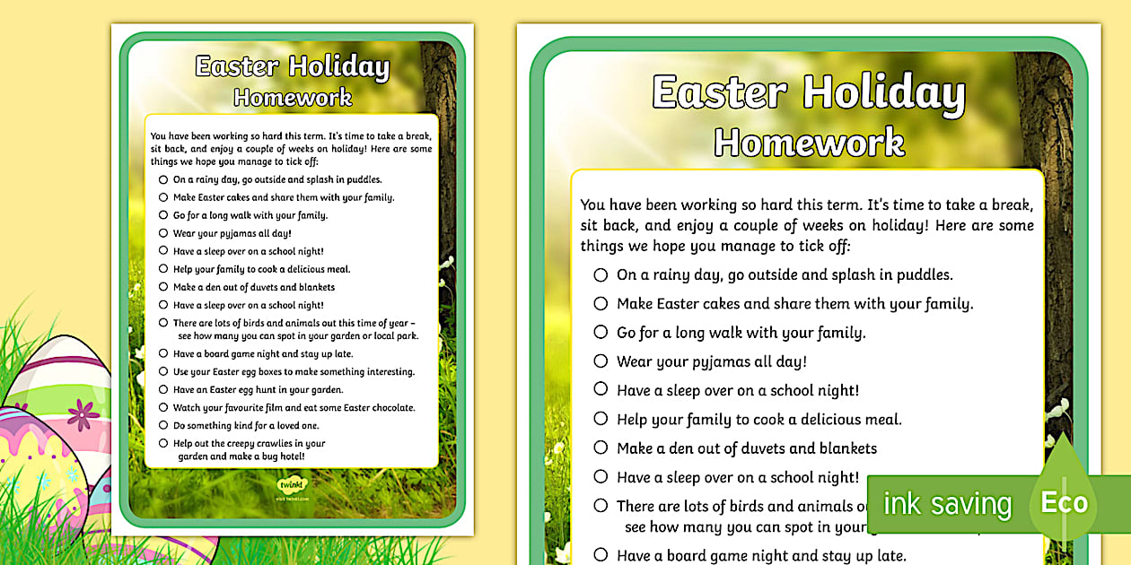 Editable Easter Holiday Homework for Children Checklist