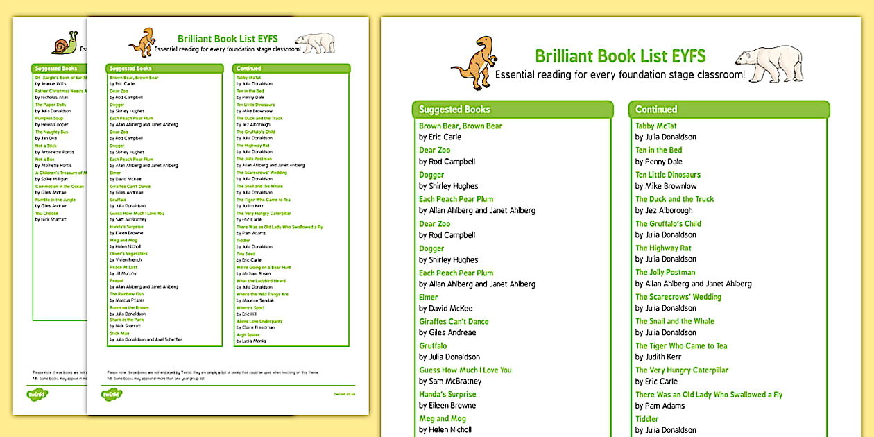 Brilliant Book List EYFS Book List (teacher made) - Twinkl