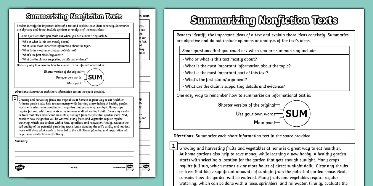 Sixth Grade Summarizing Nonfiction Texts Activity - Twinkl