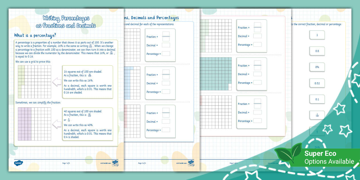 Writing Percentages as Fractions and Decimals (Ages 9 - 10)