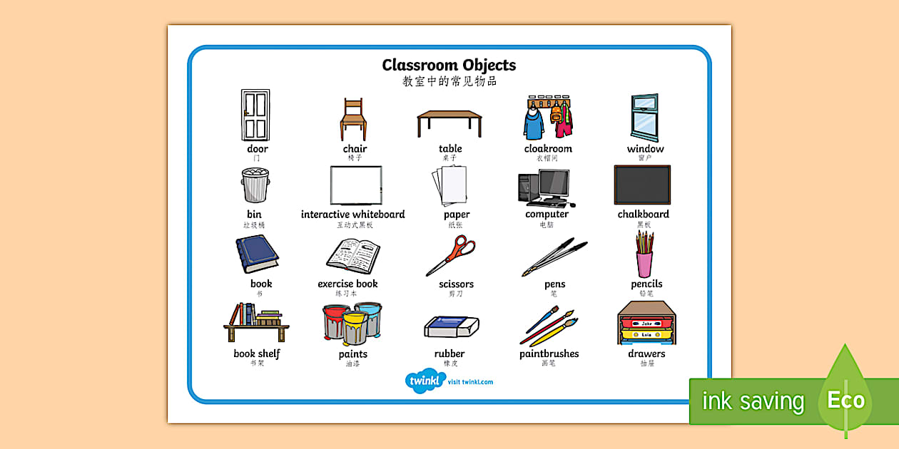 Classroom Objects Word Mat English/Mandarin Chinese - Classroom Objects ...
