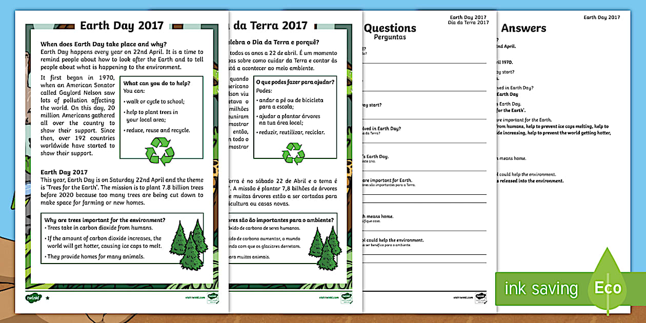 Earth Day Differentiated Reading Comprehension Activity English/Portuguese
