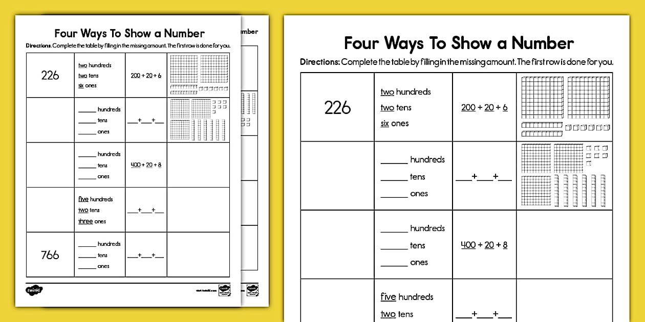 Second Grade Four Ways To Show a Number Worksheet - Twinkl