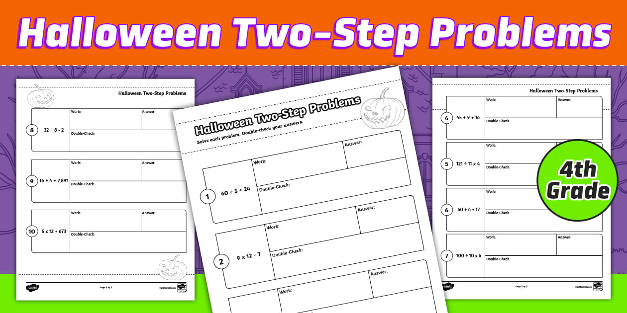 Fourth Grade Two-Step Problems Halloween Worksheet - Twinkl