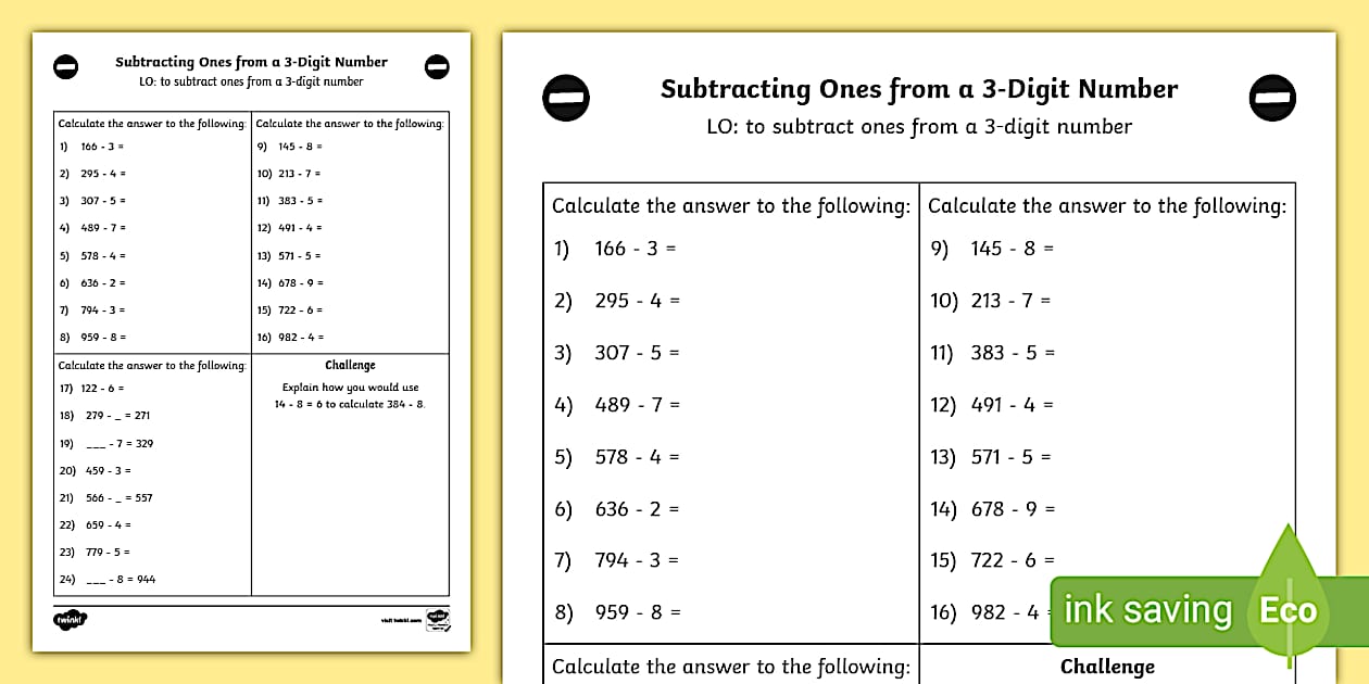 Subtracting Ones from a 3 Digit Number Worksheet Year 3 - maths