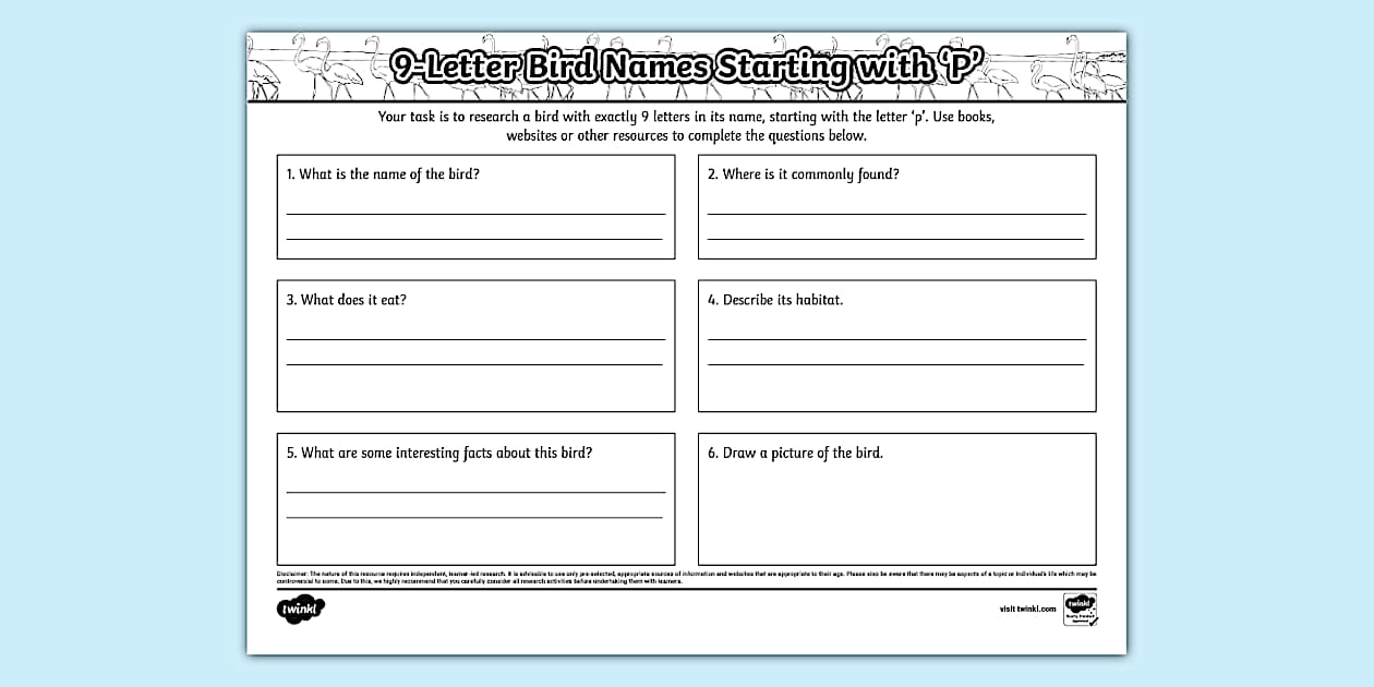 9 Letter Bird Names Starting with 'P' Activity