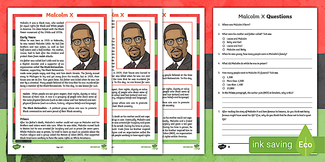Lower Ability KS2 Malcolm X Differentiated Reading Comprehension Activity