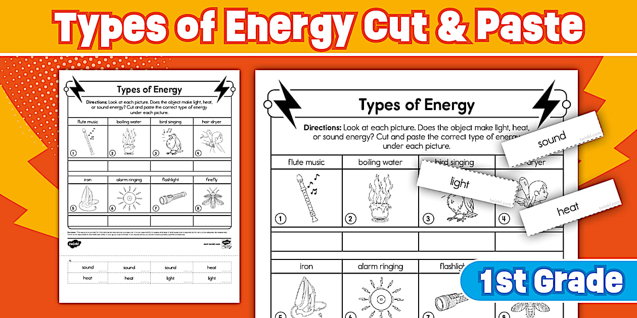 First Grade Types of Energy Cut and Paste Matching Worksheet