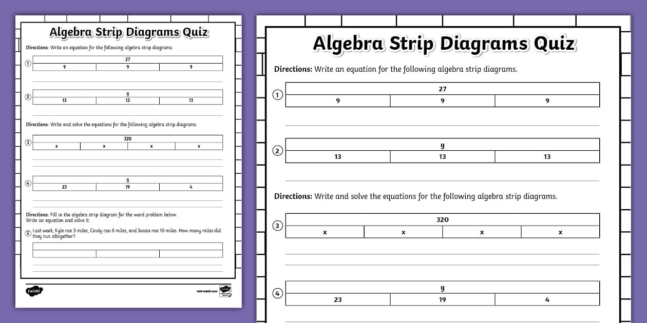 Fourth Grade Algebra Equations Strip Diagrams Quiz - Twinkl