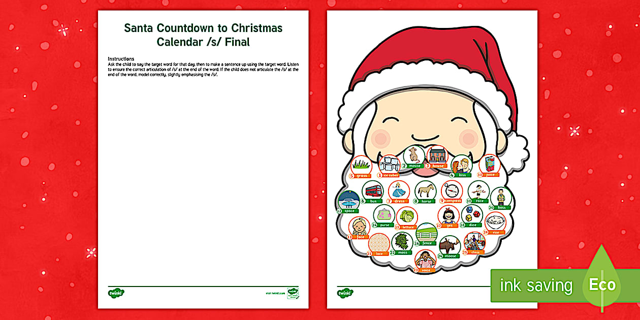 Santa Countdown to Christmas Calendar /s/ Final Worksheet