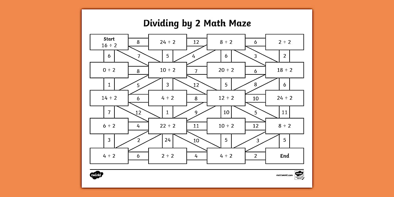 Dividing by 2 Math Maze Worksheet for 3rd-5th Grade - Twinkl