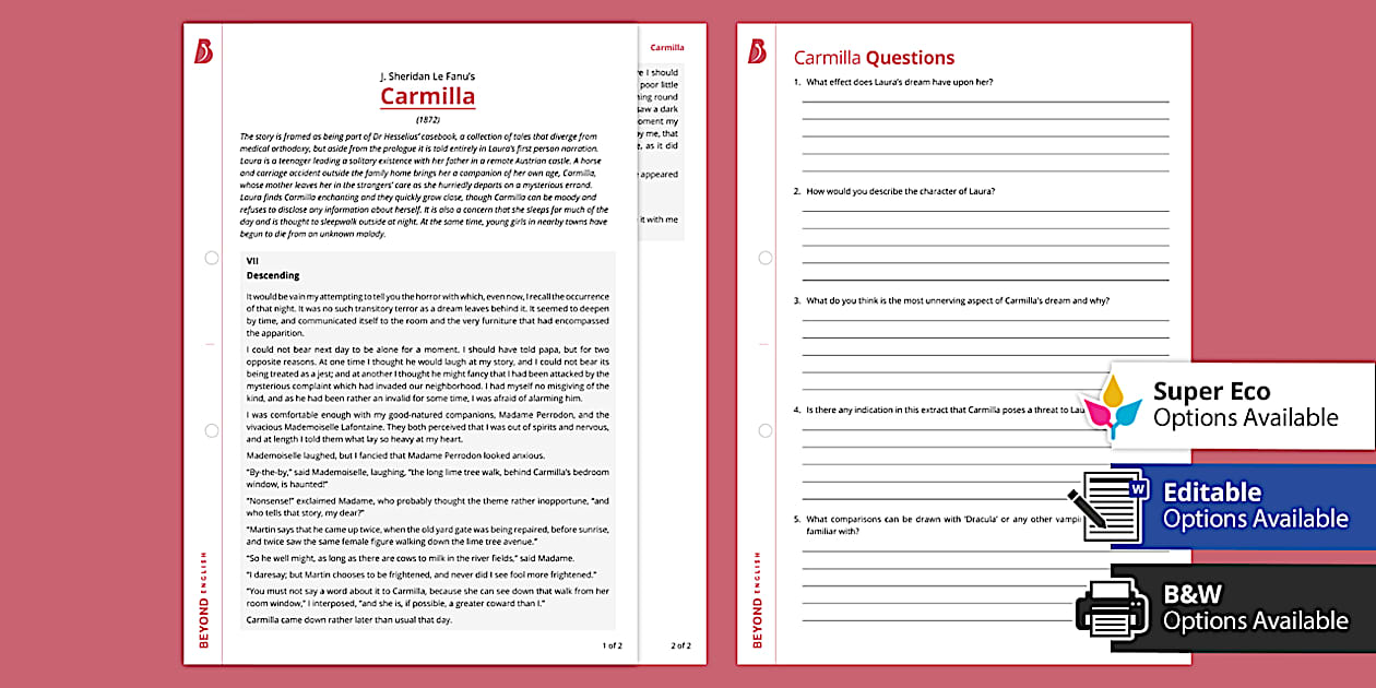 Black and White Carmilla KS3 Reading Comprehension - Twinkl