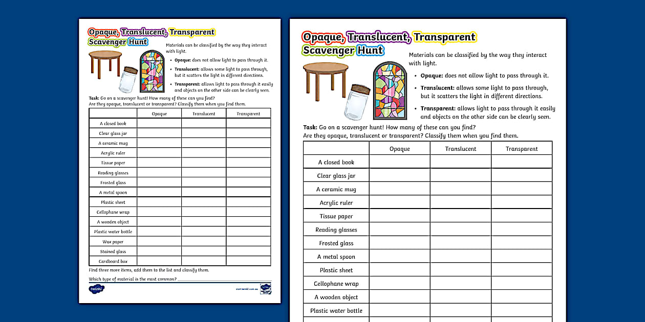 Opaque vs Translucent vs Transparent Scavenger Hunt | Twinkl