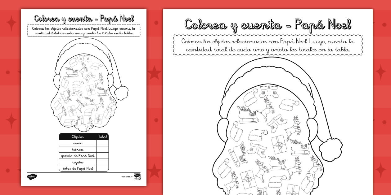 Ficha de actividad: Colorea y cuenta - Papá Noel - Twinkl
