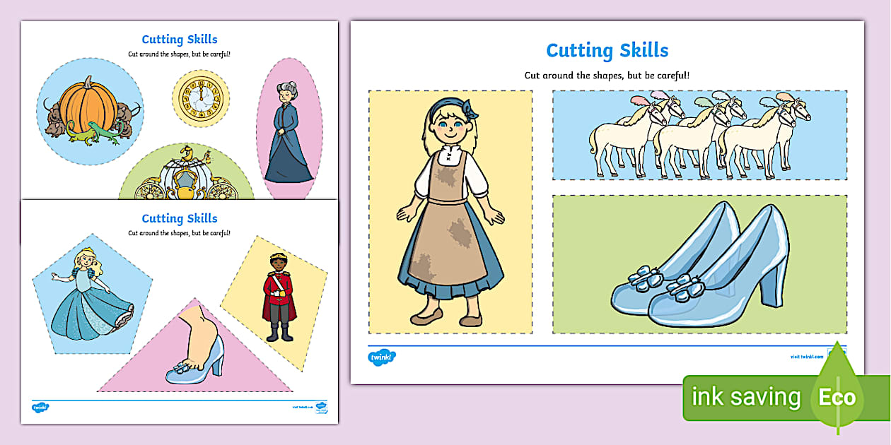 Black and White Cinderella Cutting Skills Worksheet - Twinkl