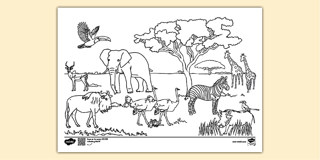 Savannah Habitat Colouring Page (teacher made) - Twinkl