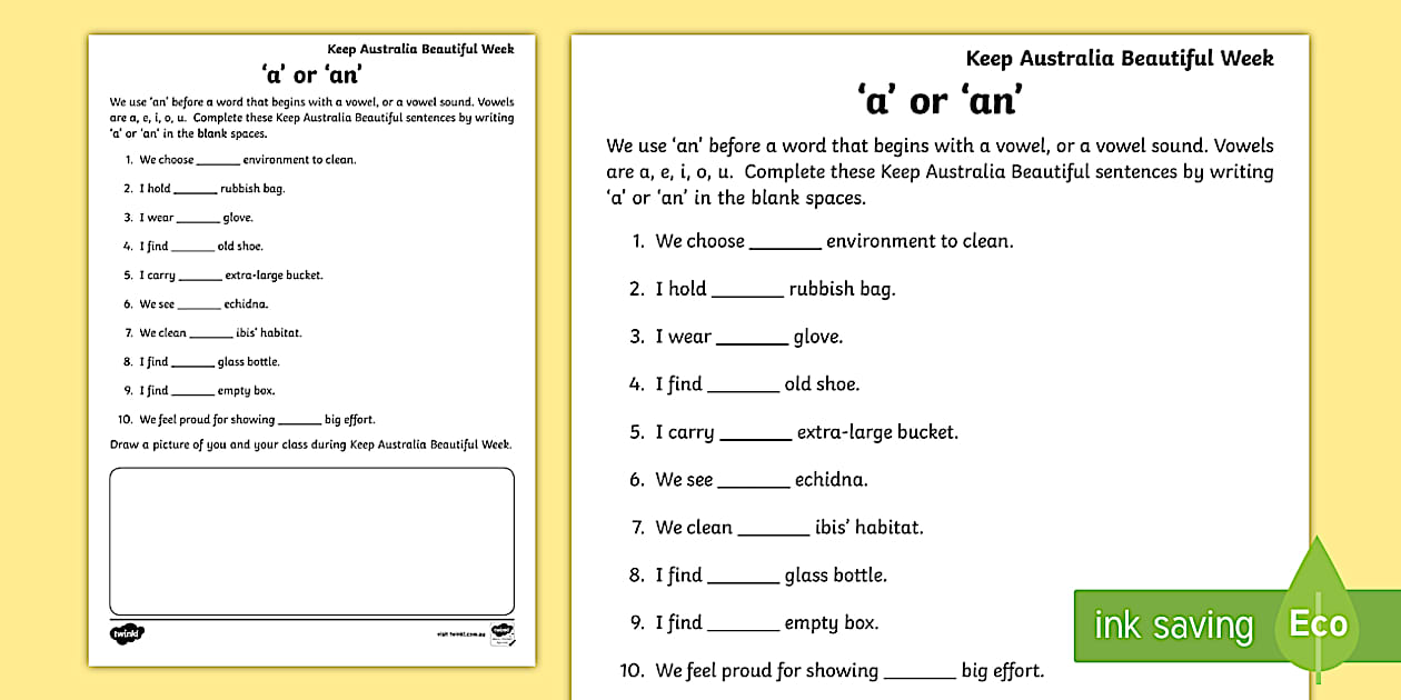 Keep Australia Beautiful Week 'a' or 'an' Worksheet - Twinkl