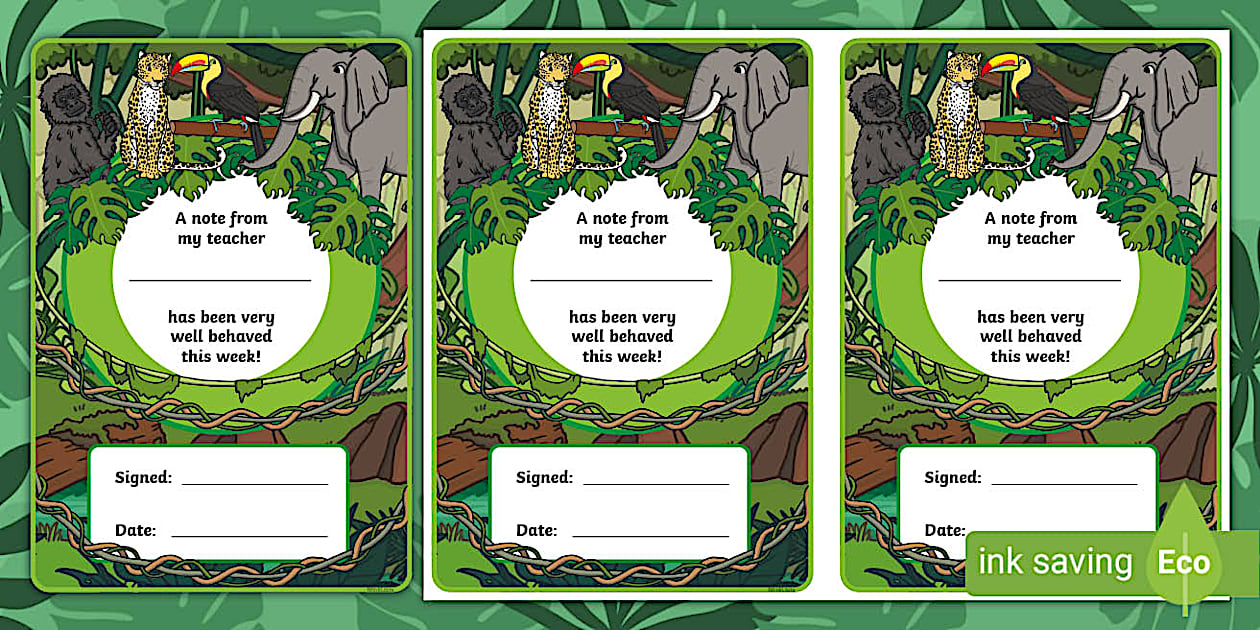 Note from Teacher Well Behaved This Week (Jungle Themed)