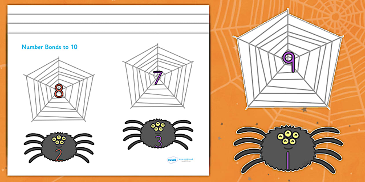 Halloween Number Bonds to 10 on Spiders and Webs - Twinkl