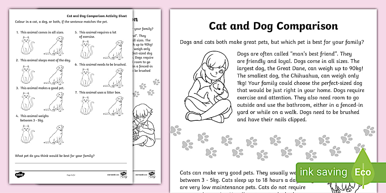 Cursive Cats and Dogs Comparison Activity Sheets - Twinkl