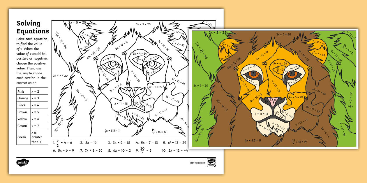 Eighth Grade Solving Equations Color by Number Lion Activity