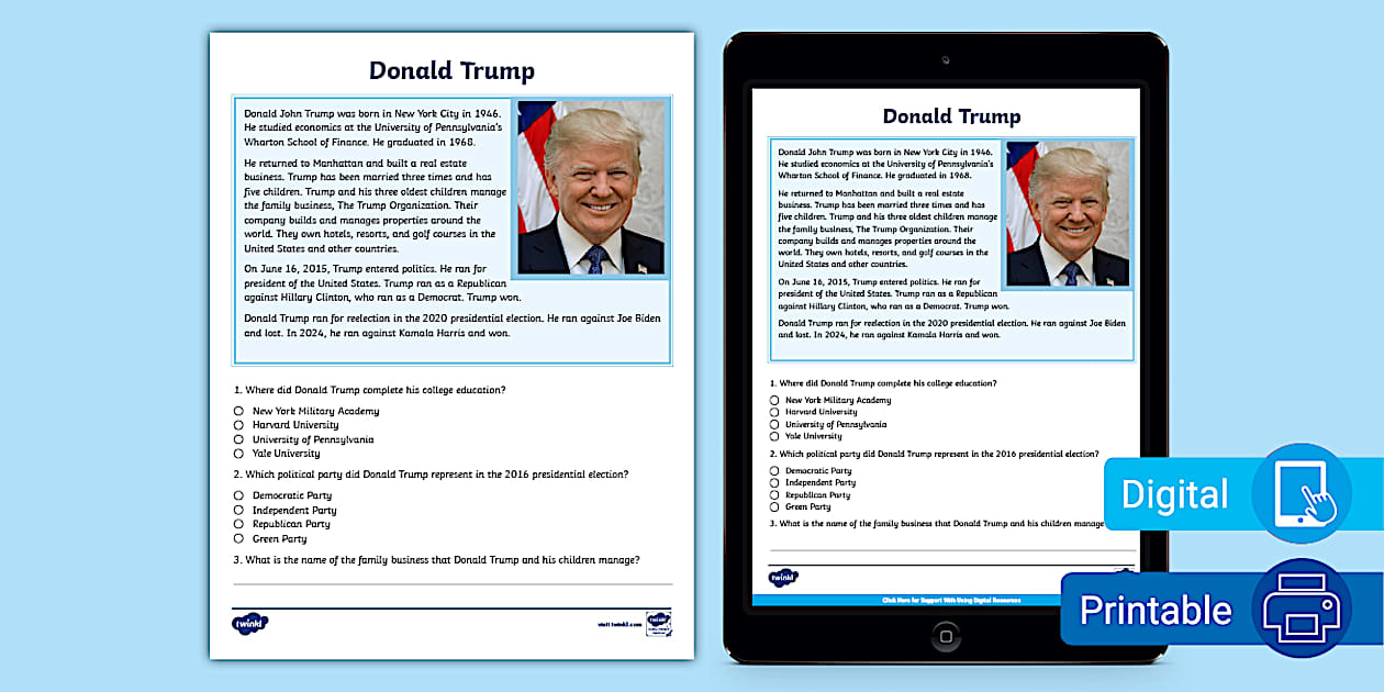 Fourth Grade Donald Trump Reading Passage Comprehension