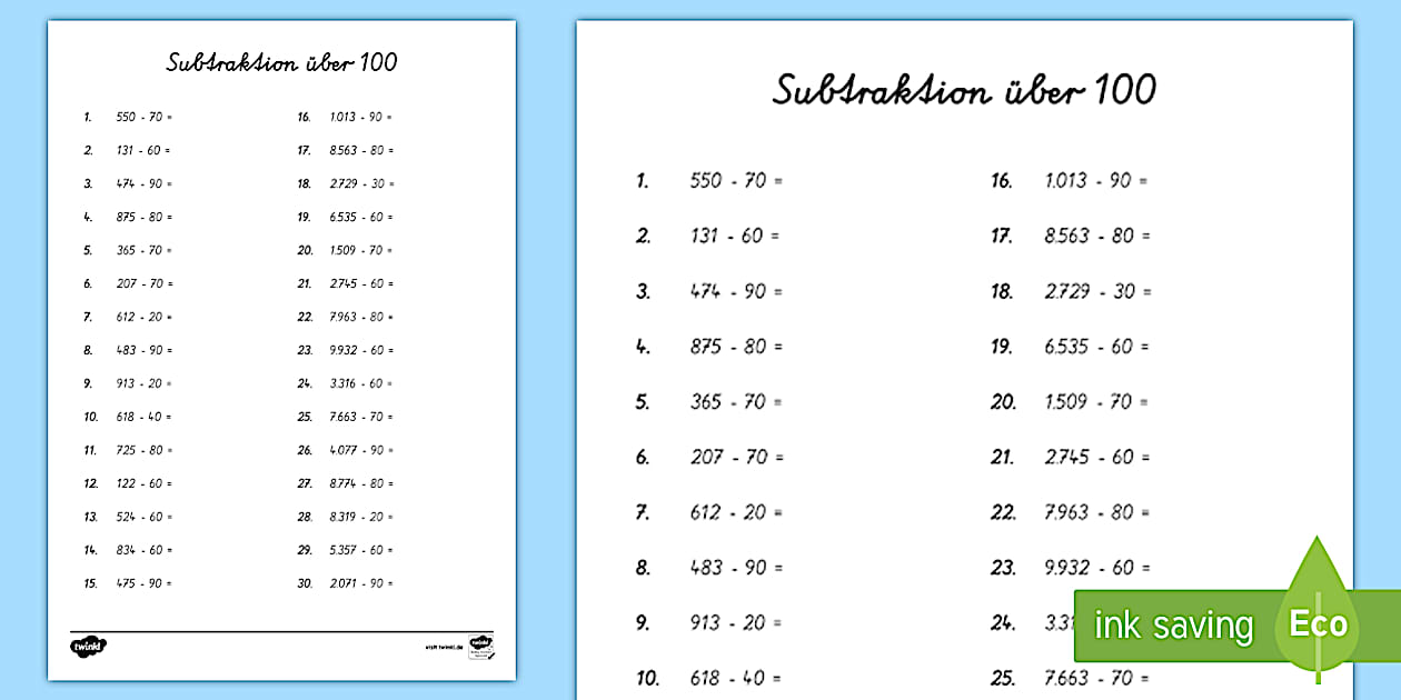 Subtraktion über 100 Arbeitsblatt (Teacher-Made) - Twinkl
