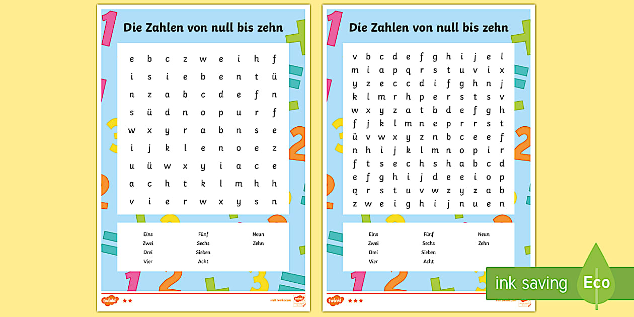 German Numbers 1-10 - Numbers 0 to 10 Word Search German