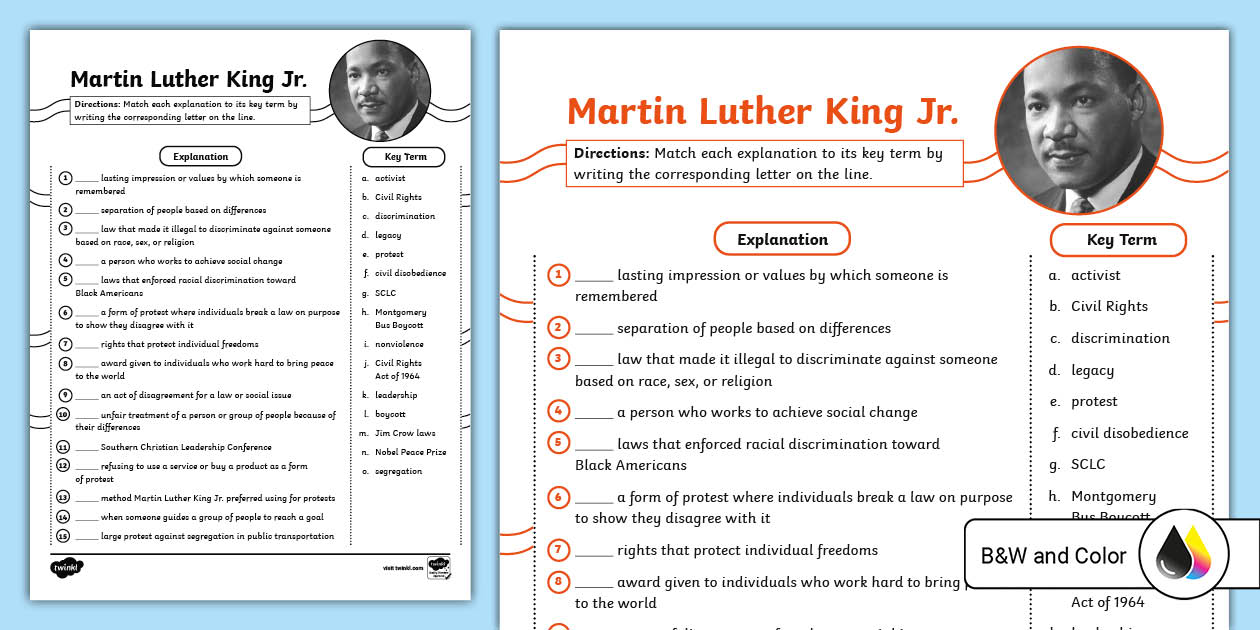 Martin Luther King Jr. Matching Activity for 6th-8th Grade